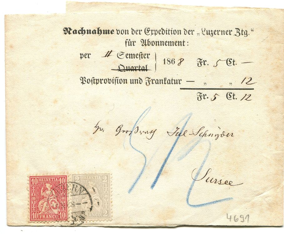 1868 NN 10 + 2c Sitzende Helvetia Streifband Luzern-Sursee | Kaufen auf ...