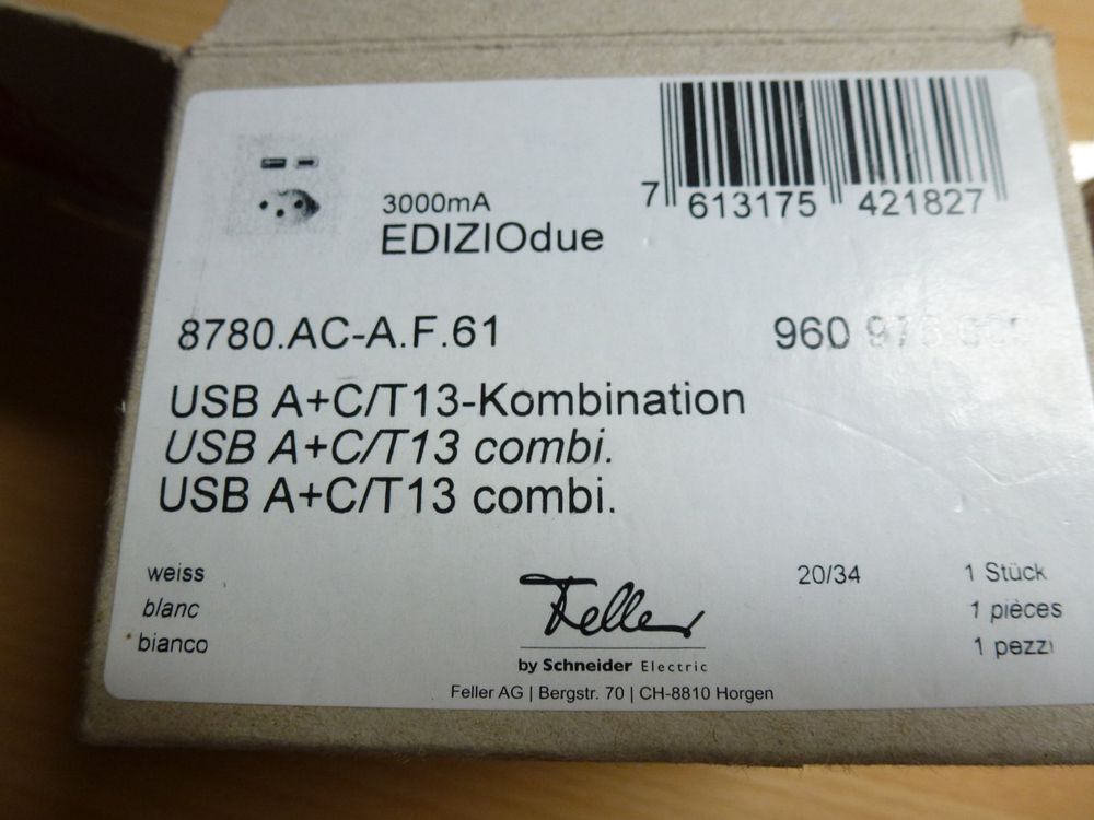 Feller Edizio Due UP USB A+C 3000mA / Typ13 weiss | Kaufen auf Ricardo