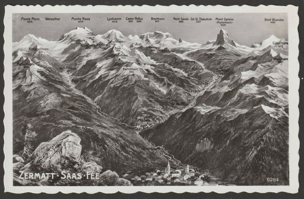 AK VS, ungel.: ZERMATT - SAAS FÉE, Vogelschaukarte (Gebraucht) in Basel für CHF 2 – mit ...