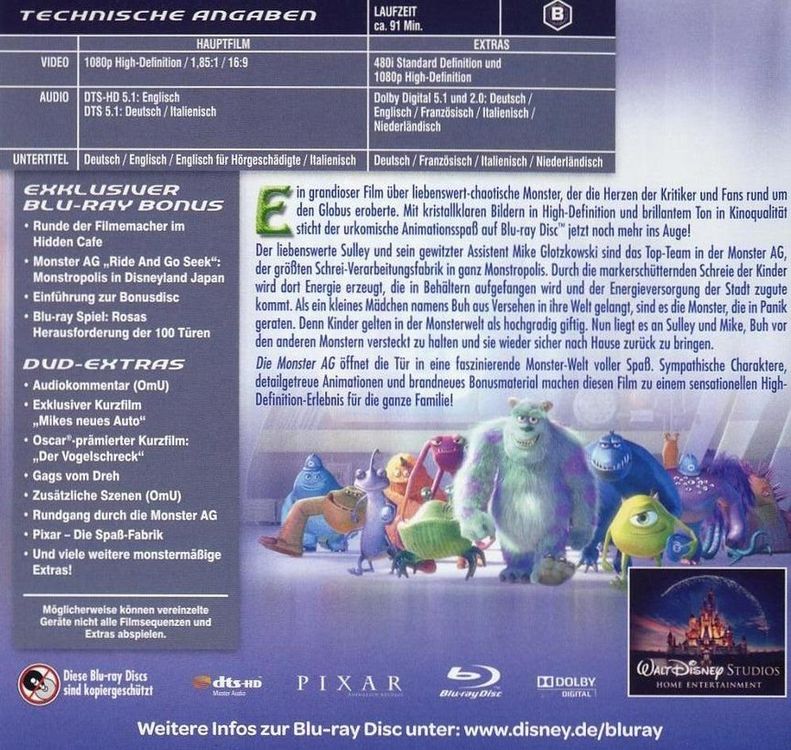 Die Monster AG / Inc. (2001) Walt Disney/Pixar/Blu-ray (Neu (gemäss ...