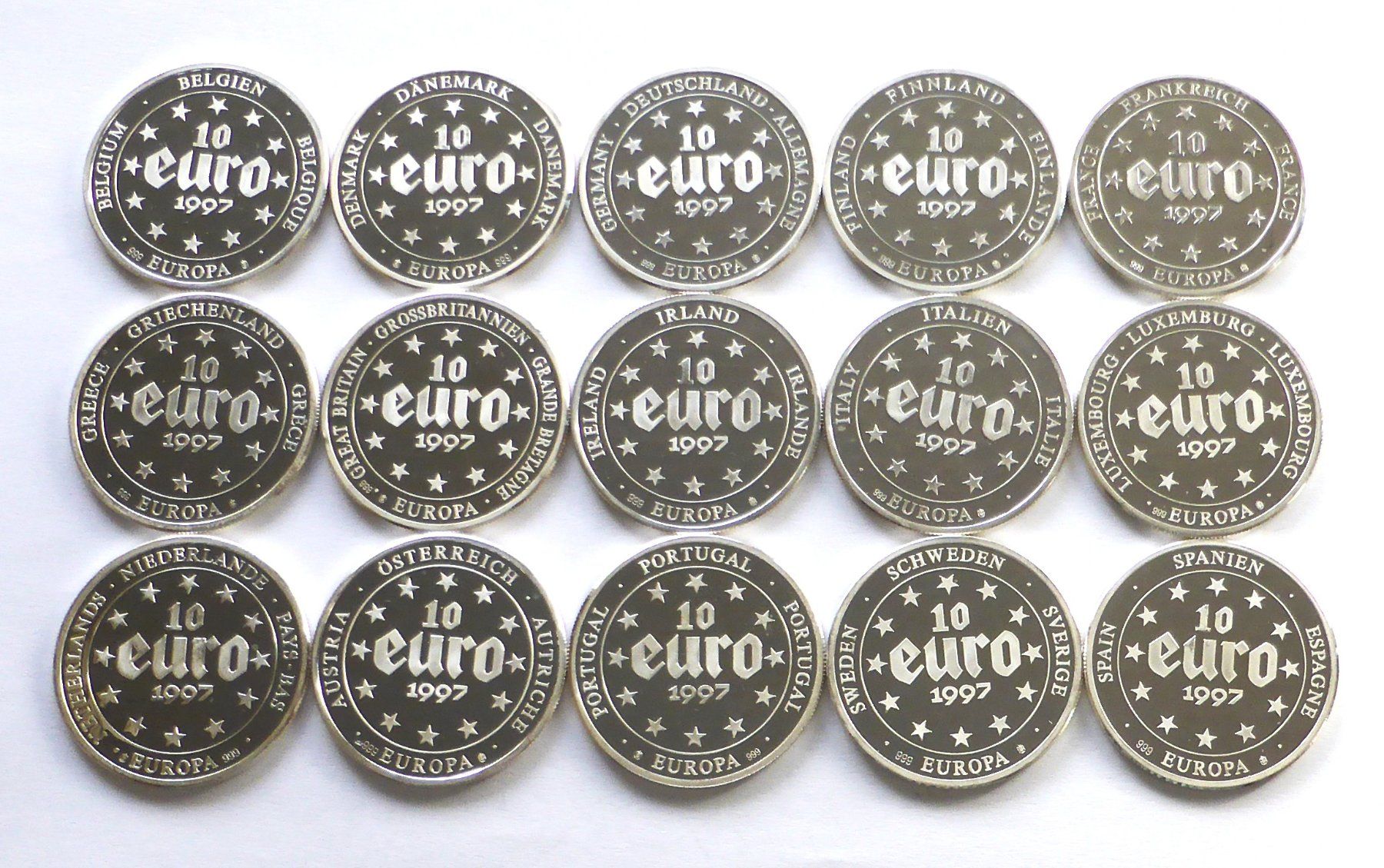 SUPER Collection, 15x 10 "euro" 1997 - je 20g FEINSILBER 999 (Neu ...