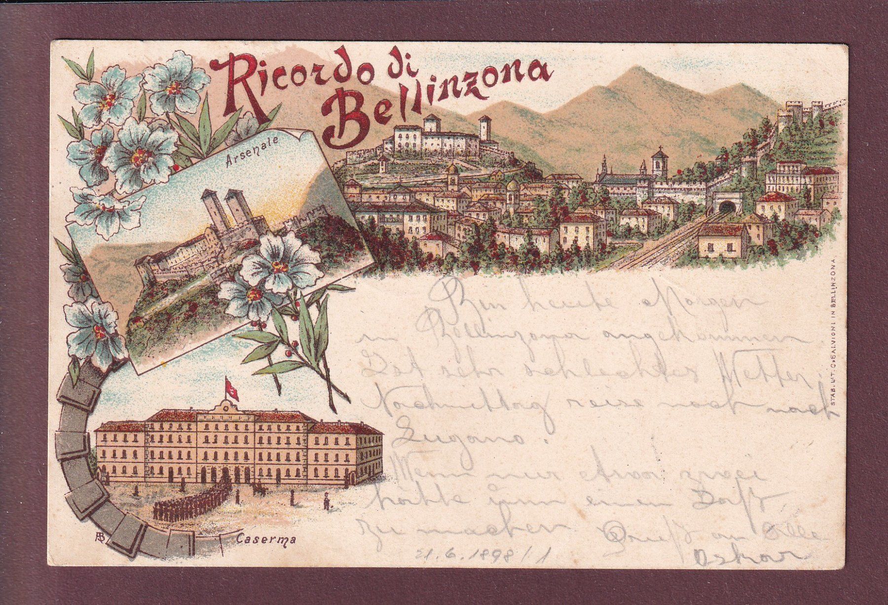 Ricordo di BELLINZONA - Caserma - Arsenale - 1898 Litho Salv (Gebraucht ...