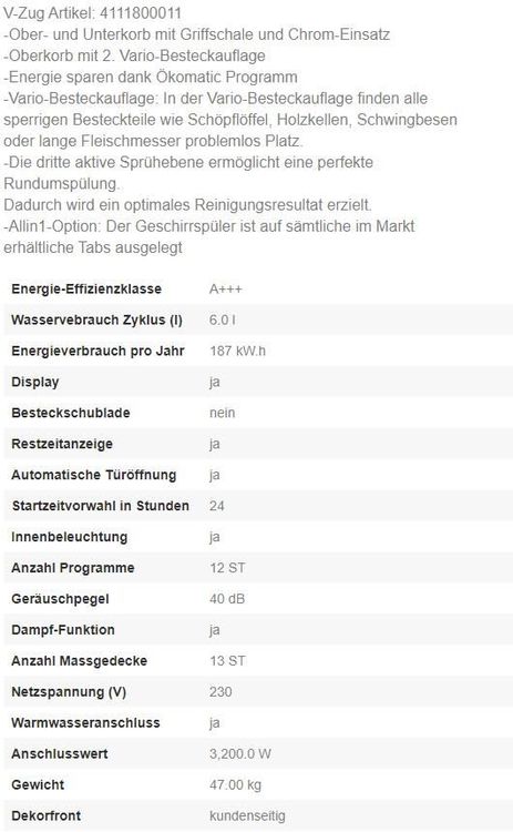 Geschirrspüler V-ZUG GS FV 6060 Vi | Kaufen auf Ricardo