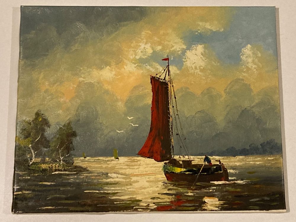 J. van Dyik Landschaftsgemälde signiert Segelboot auf See (Gebraucht ...