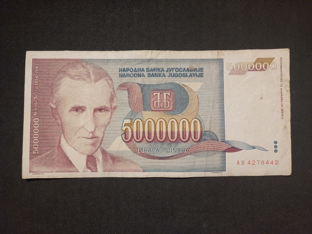 Jugoslawien 5'000'000 Dinar 1993 Nikola Tesla Banknote (Gebraucht) in ...