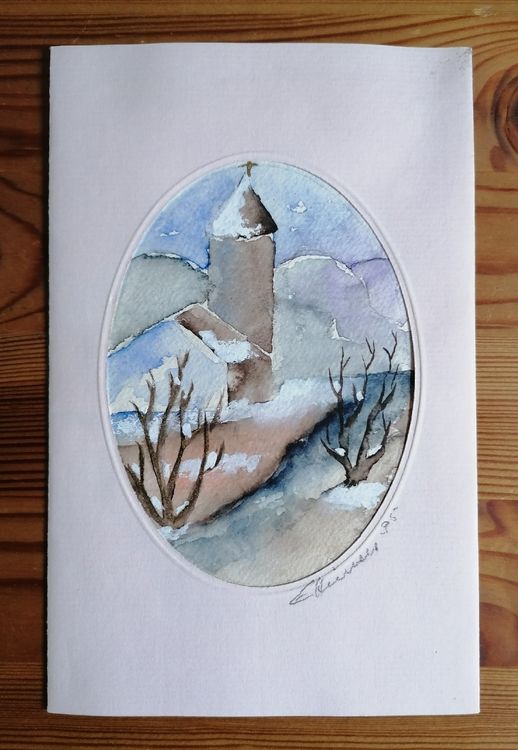 Winterliches Aquarell: Kirche im Schnee, 1995, Erika Hinnen (Gebraucht ...