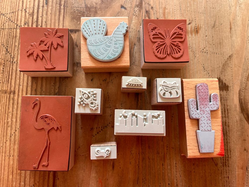 10 coole Holzstempel Flamingo Kaktus Rakete DIY Basteln (Gebraucht) in ...