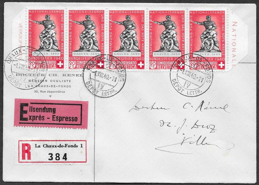 1940:Express-Rec.-Brief mit PP Fünferstreife Nr.B5c (Hellrot (Gebraucht) in Walperswil für CHF ...