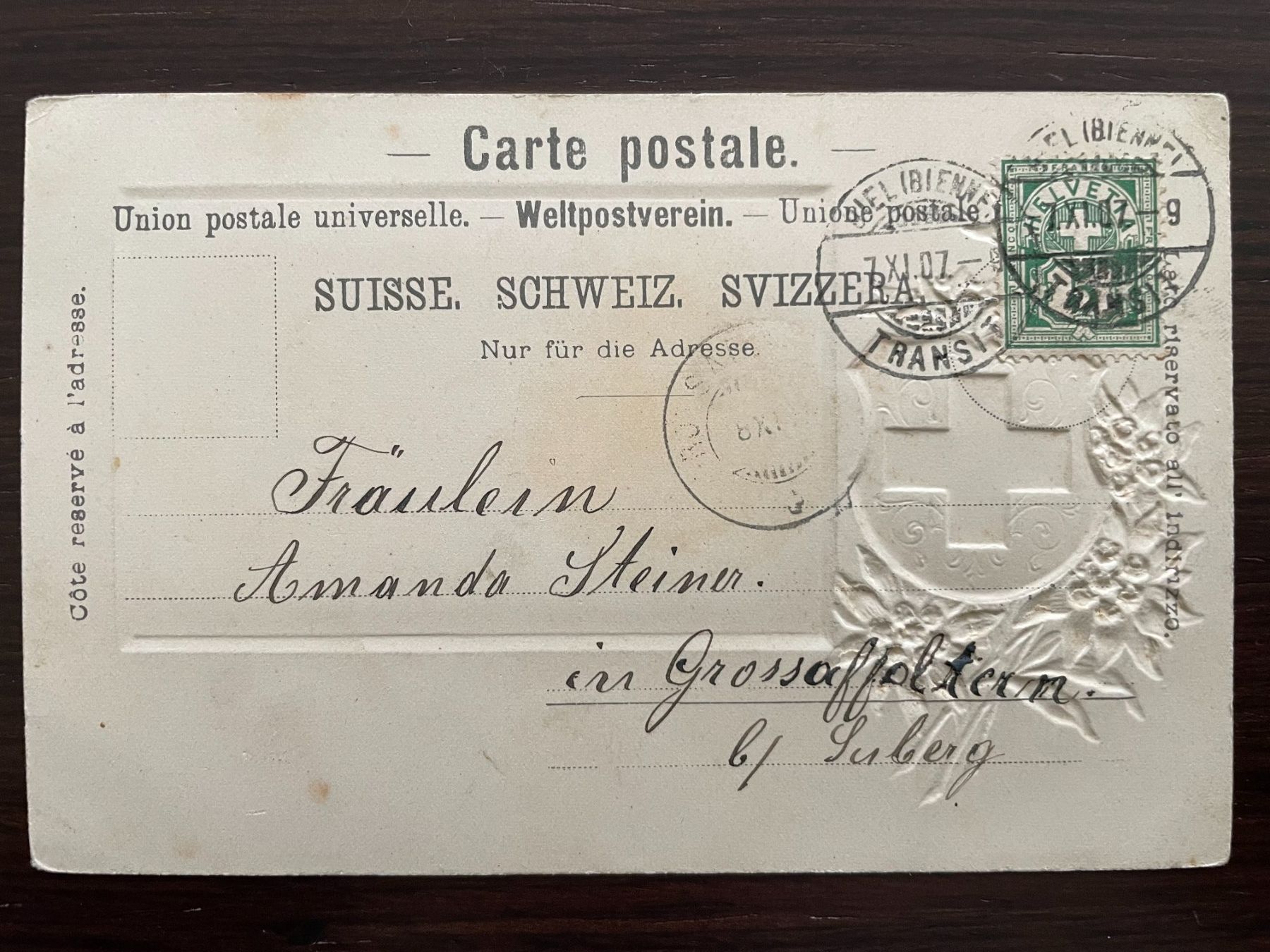 BIEL / BIENNE Prägekarte, Wappen, Edelweiss, 1907 (Gebraucht) in Wald ZH für CHF 5 – mit ...