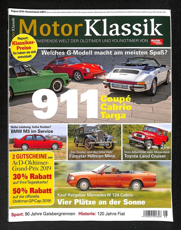 Motor Klassik Heft 8 2019. Porsche 911, BMW M3 Mercedes W124 (Gebraucht ...