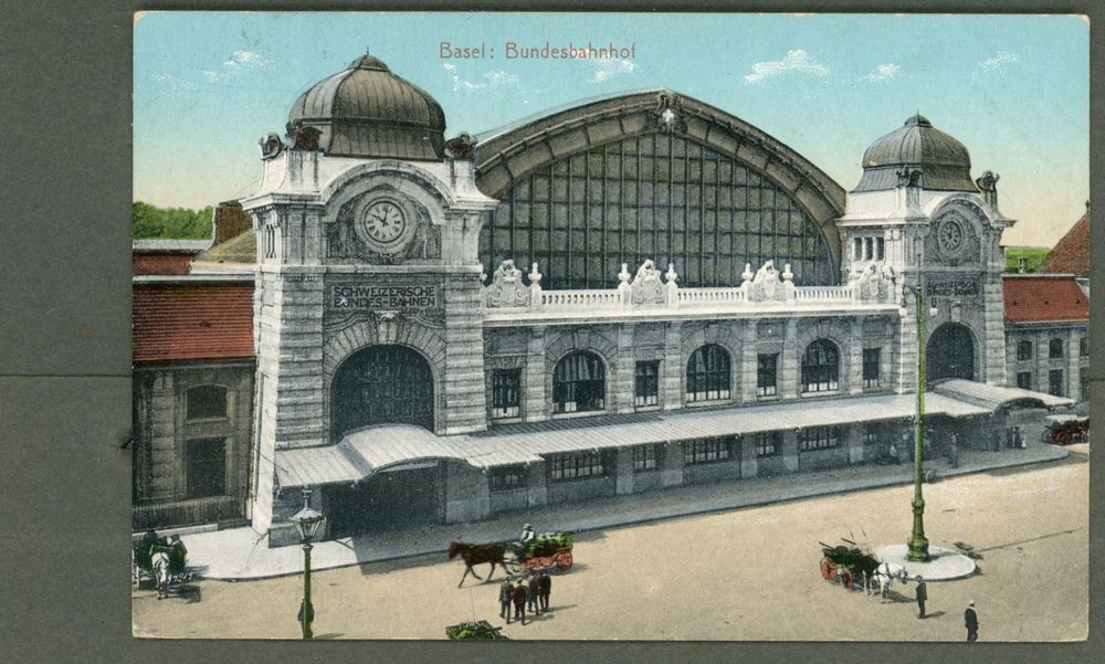 AK Farblitho Basel BS Bundesbahnhof, Kutschen belebt ≈ 1919 (Gebraucht ...