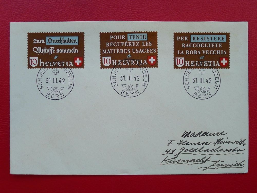 1942, Nr.254-256 ALTSTOFF "Deluxe" auf Brief BERN (POSTMUS.) (Gebraucht) in Sursee für CHF 28.5 ...