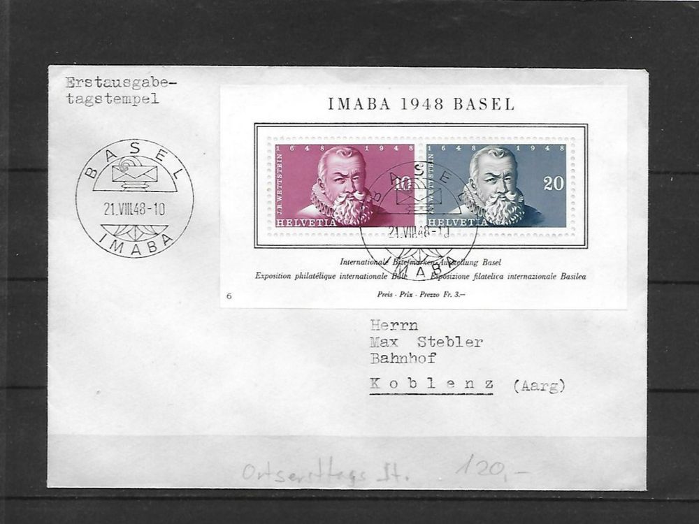 Block 1948 Ortsersttagsst. Kat: CHF 120.- (Gebraucht) in Basel für CHF 9 – mit Lieferung auf ...