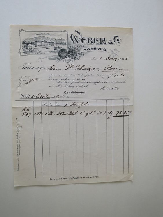 Rechnung Weber & Cie. Aarburg 1905 | Kaufen auf Ricardo