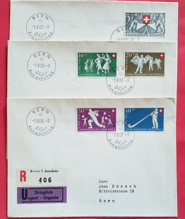 B199) 1951 FDC Pro Patria auf 3 Briefe Kt. 225.- (Neu (gemäss Beschreibung)) in Baden für CHF 19 ...