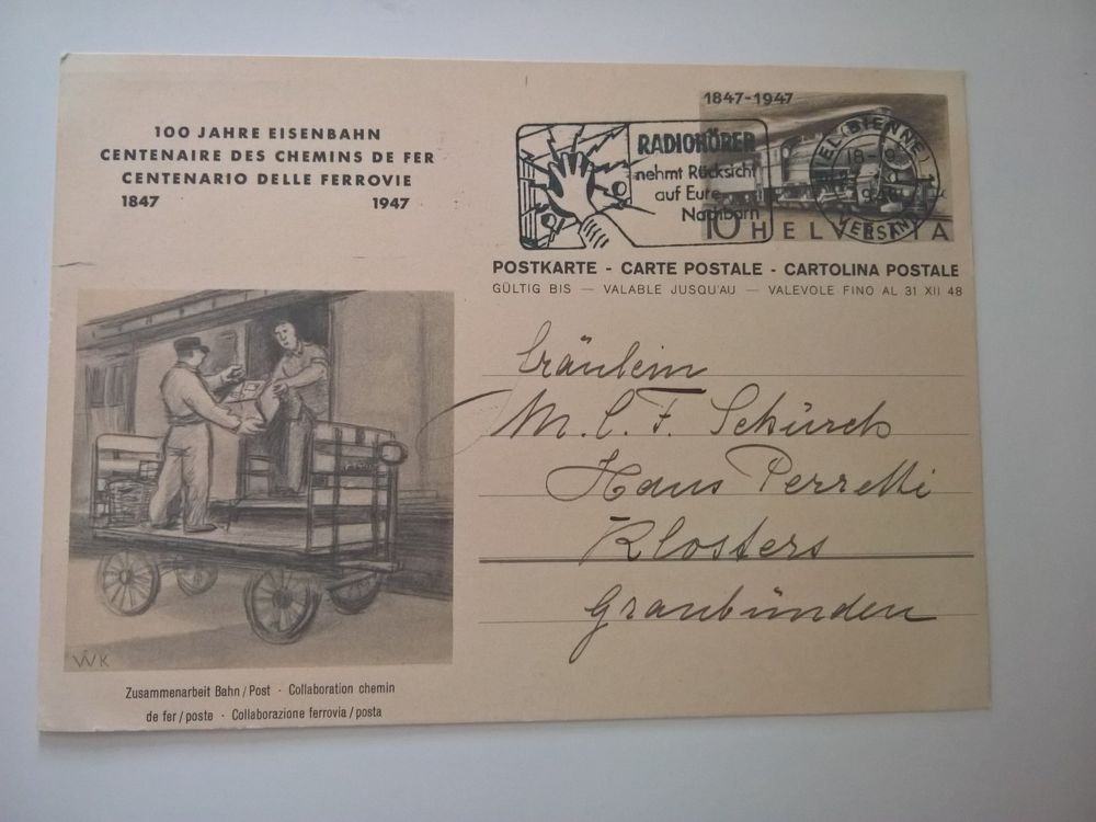 Historische Postkarte 100 Jahre Eisenbahn Schweiz 1947 (Gebraucht) in Horgen für CHF 0.5 – mit ...