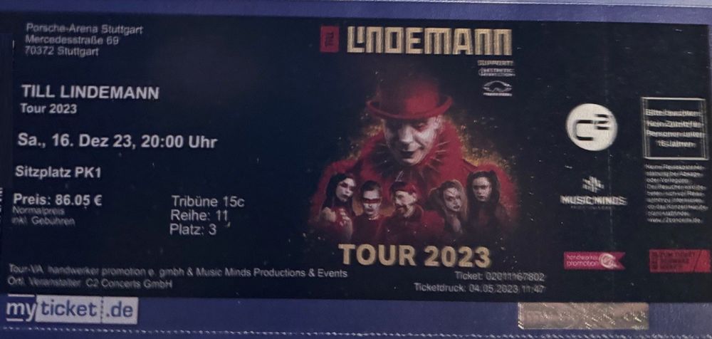 Ticket Till Lindemann - Concert Stuttgart 16.12.2023 | Kaufen auf Ricardo