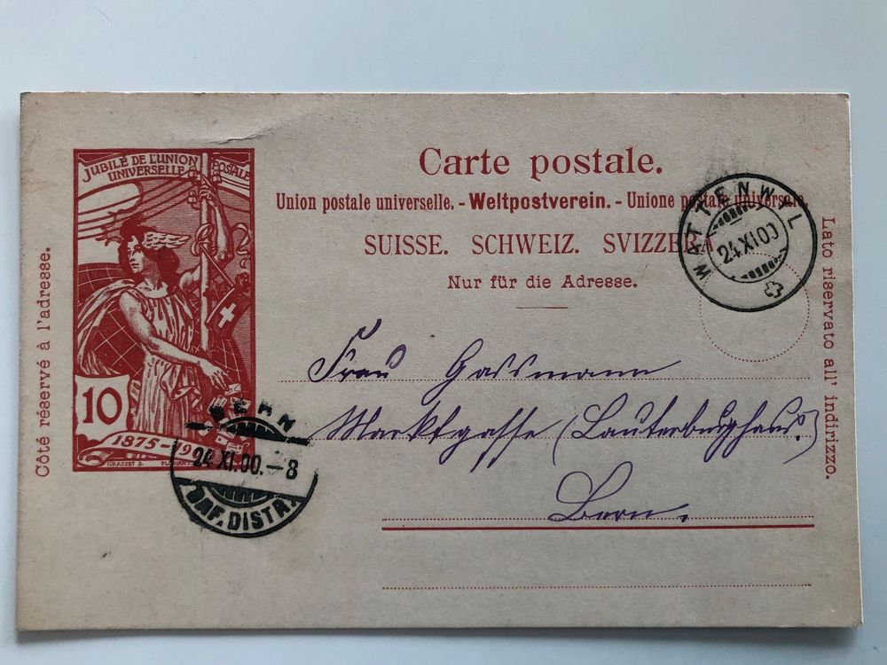 antike Postkarte, 10 Cts rot, 1900, von Wattenwil nach Bern (Gebraucht ...