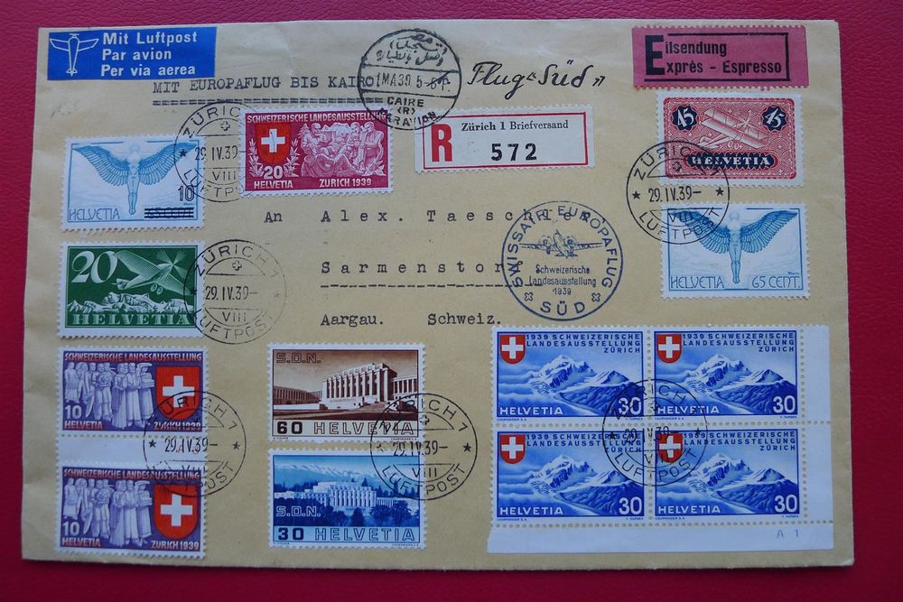 1939, LUXUS-Luftpost-Brief nach KAIRO LP (Gebraucht) in Sursee für CHF ...