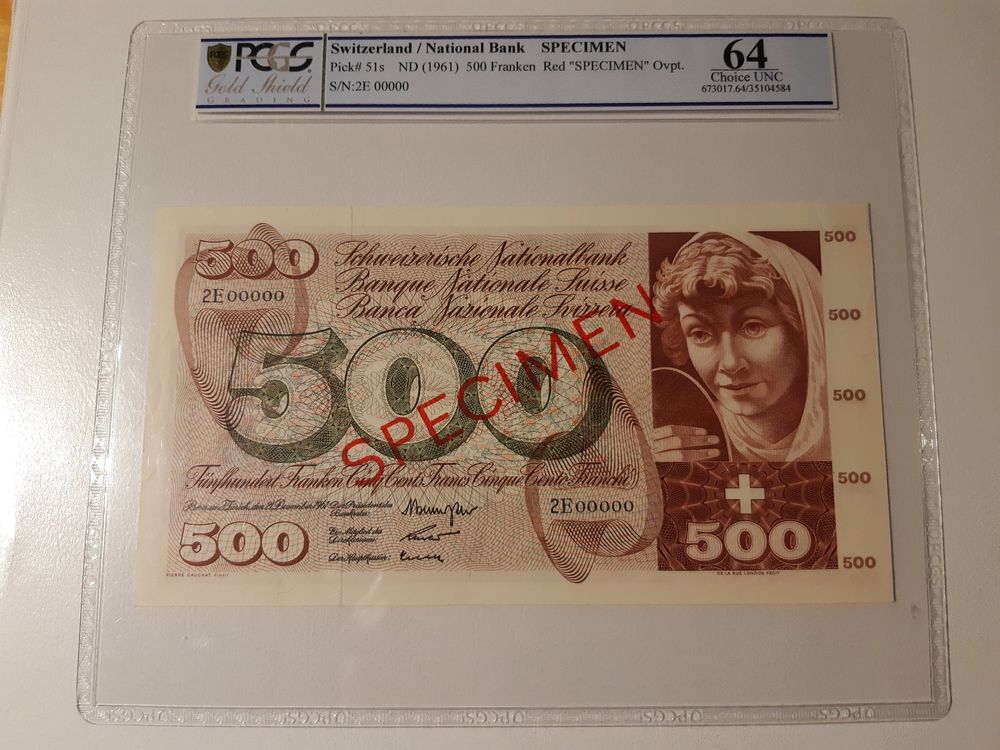 Schweizer Banknote 500 Franken 21.12.1961 Specimen (Neu (gemäss ...