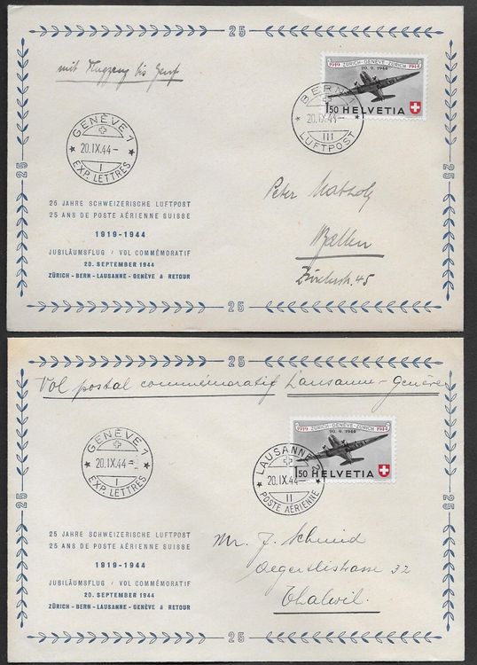 1944 zweI Briefe Jubil. Flug BERN / LAUSANNE - GENÈVE ab 1.- (Gebraucht) in Zürich für CHF 4 ...