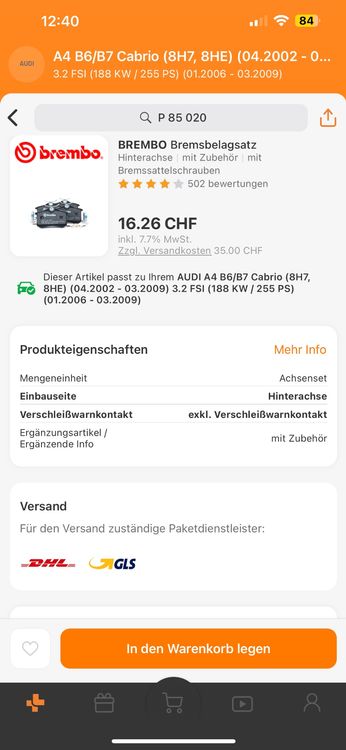 Aufi A4 bremsklöze hinten | Kaufen auf Ricardo