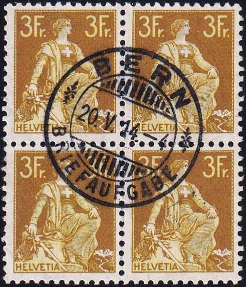 1908, Helvetia mit Schwert Nr. 116, Viererblock BERN 20.V.14 (Gebraucht) in Aesch BL für CHF 15 ...