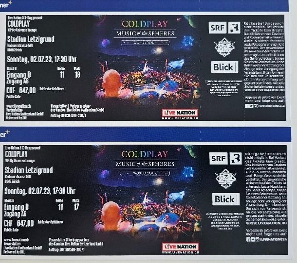 2 x Coldplay VIP Packages, 02.07.23, Zürich, ORIGINALPREIS (Gebraucht ...