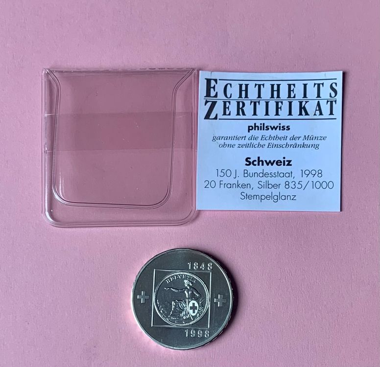 1 Gedenkmünze Silber 20 Franken, 150 Jahre Bundesstaat, 1998 (Neu (gemäss Beschreibung)) in Biel ...