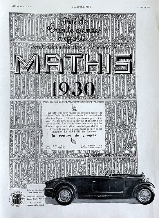 Mathis Cars - Alte Werbung/Publicité 1930 | Kaufen auf Ricardo
