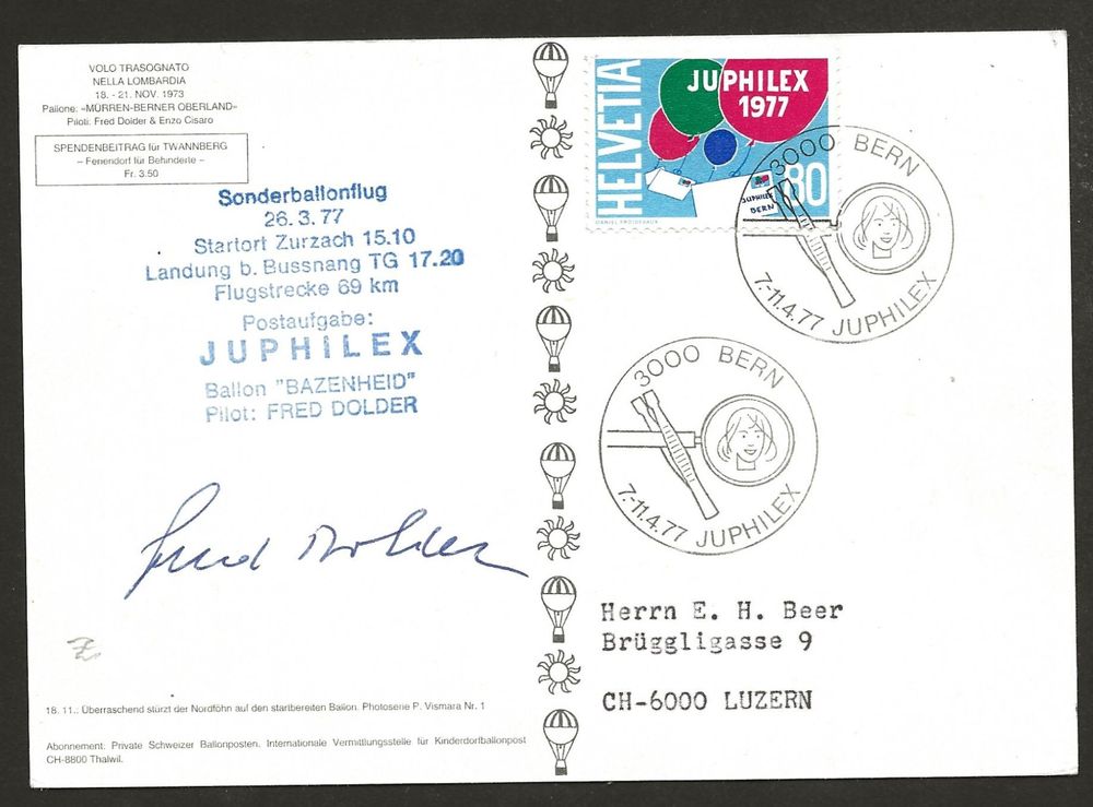 Ballon Schweiz 1977 Zurzach Hofen Luftpost Dolder (Gebraucht) in Au ZH für CHF 0.5 – mit ...