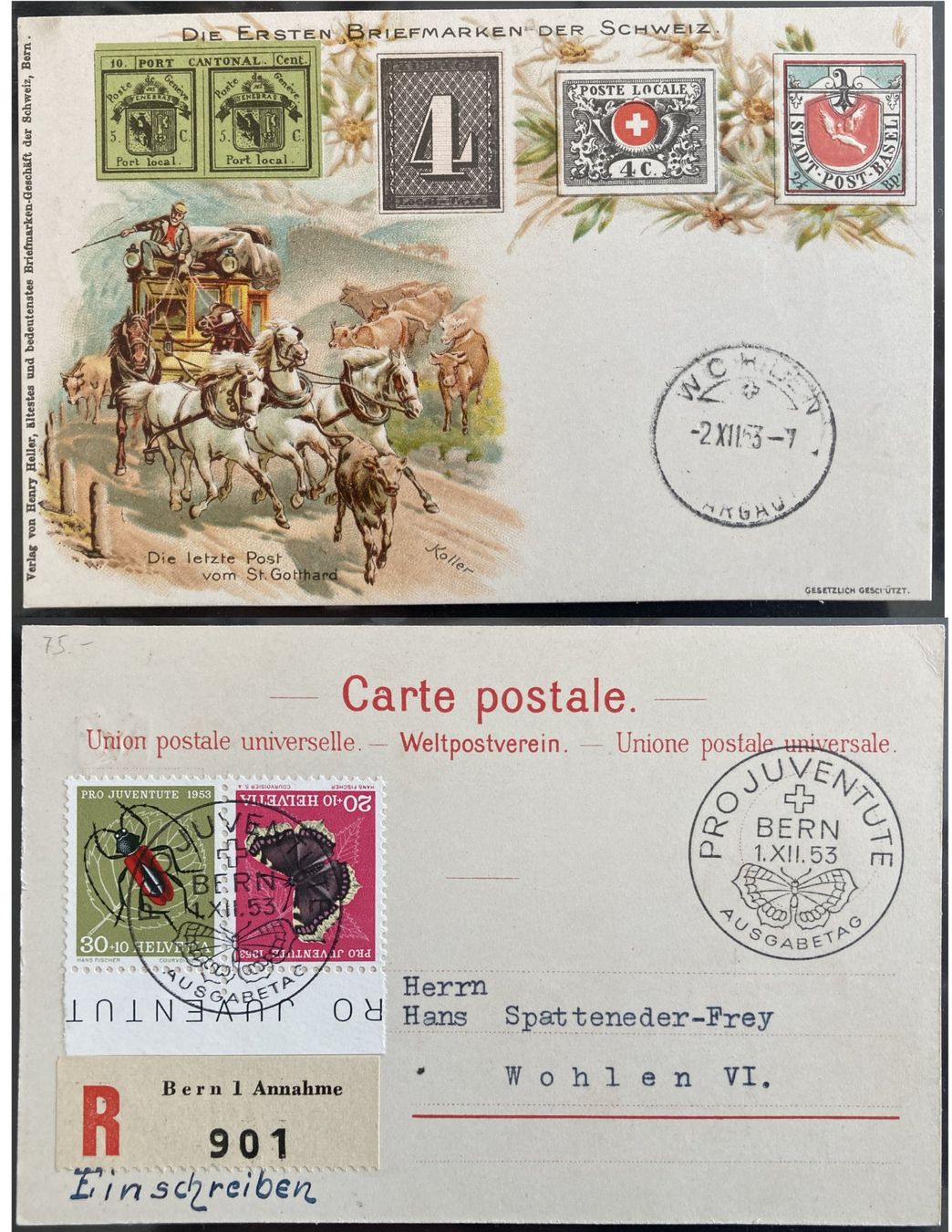 Postkarte "Die ersten Briefmarken der Schweiz" mit FDC 1953 (Gebraucht) in Flawil für CHF 20 ...
