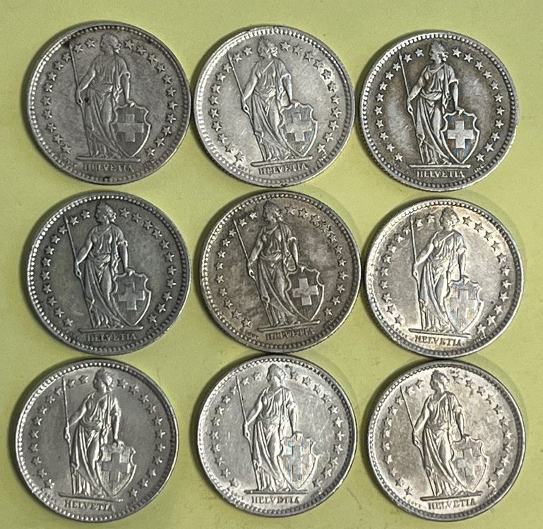 9 x 2 CHF Silbermünzen, 1940 - 1967 (Gebraucht) in Bern für CHF 51 – mit Lieferung auf Ricardo ...