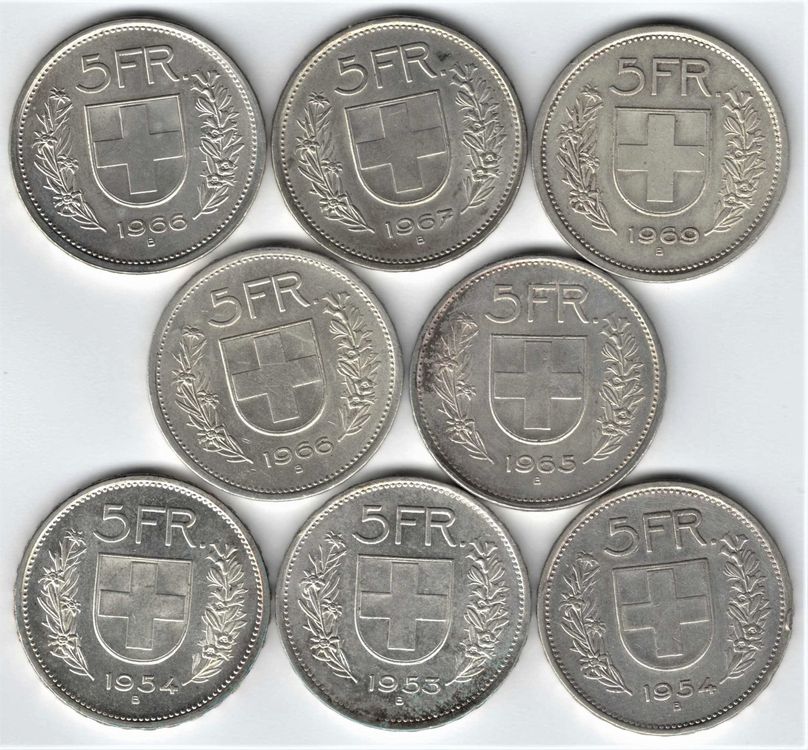 Schweiz, 8 Stk. 5 Fr. Silber (Gebraucht) in Trimbach für CHF 84 – mit Lieferung auf Ricardo kaufen