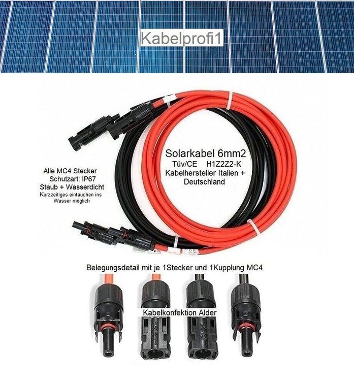 Qualitäts Solarkabel Set 6mm2 je 2m rot + schwarz inkl. MC4 (Neu und originalverpackt) in ...