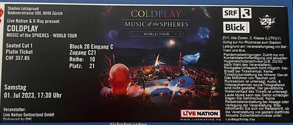 Coldplay Ticket 01.07.23 Zürich Letzigrund: Sitzplatz Cat 1 | Kaufen ...