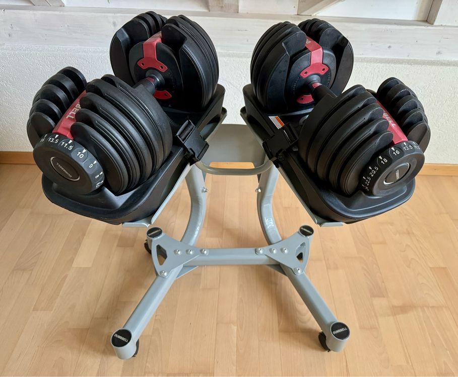 Verstellbare Kurzhanteln (2x24kg) + Gestell von Dumbbell (Gebraucht) in Dielsdorf für CHF 205 ...