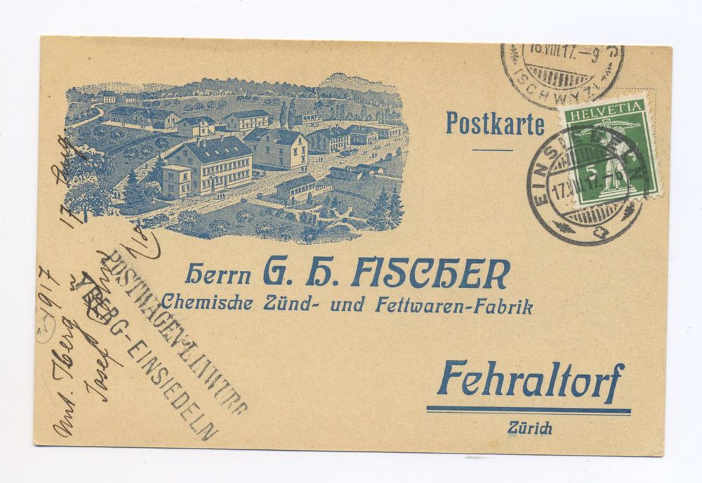 CH, 1917, Stempel "Postwageneinwurf Yberg-Einsiedeln", Karte (Gebraucht ...