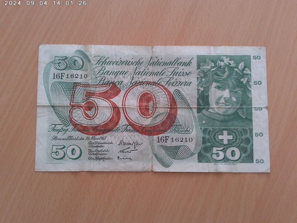 50 CHF Banknote "Apfelernte" - 28. März 1963 (Gebraucht) in Ennetbaden ...