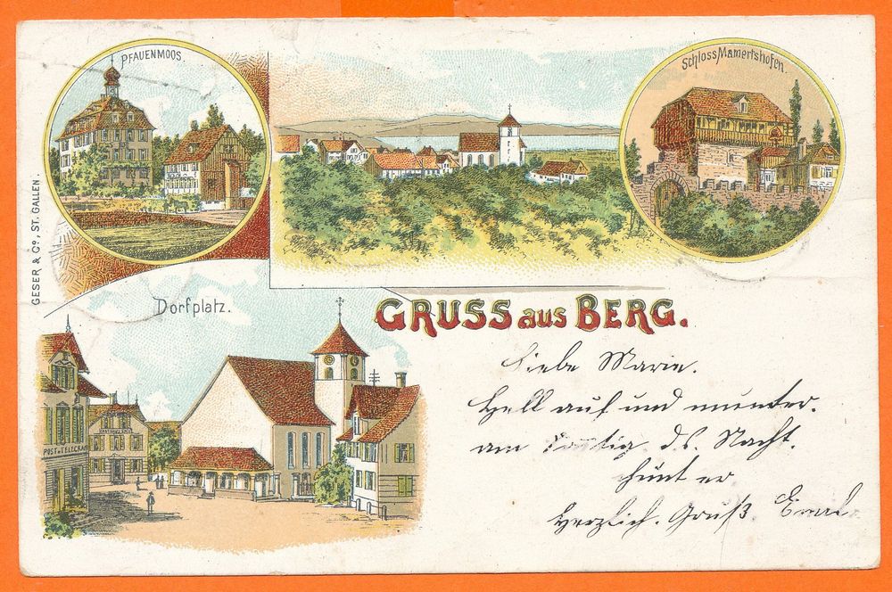 Gruss aus BERG/SG -4-bildrige Litho von 1899 m.Balkenstempel (Gebraucht) in Liestal für CHF 26 ...