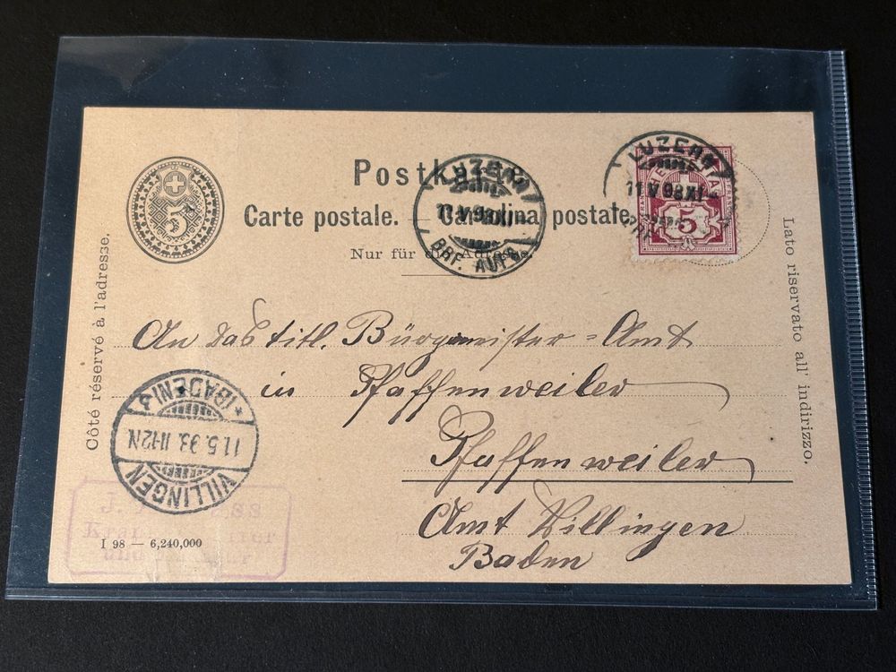 PK mit Zusatzfrankatur 1898, Luzern - Pfaffenweiler Baden (Gebraucht ...