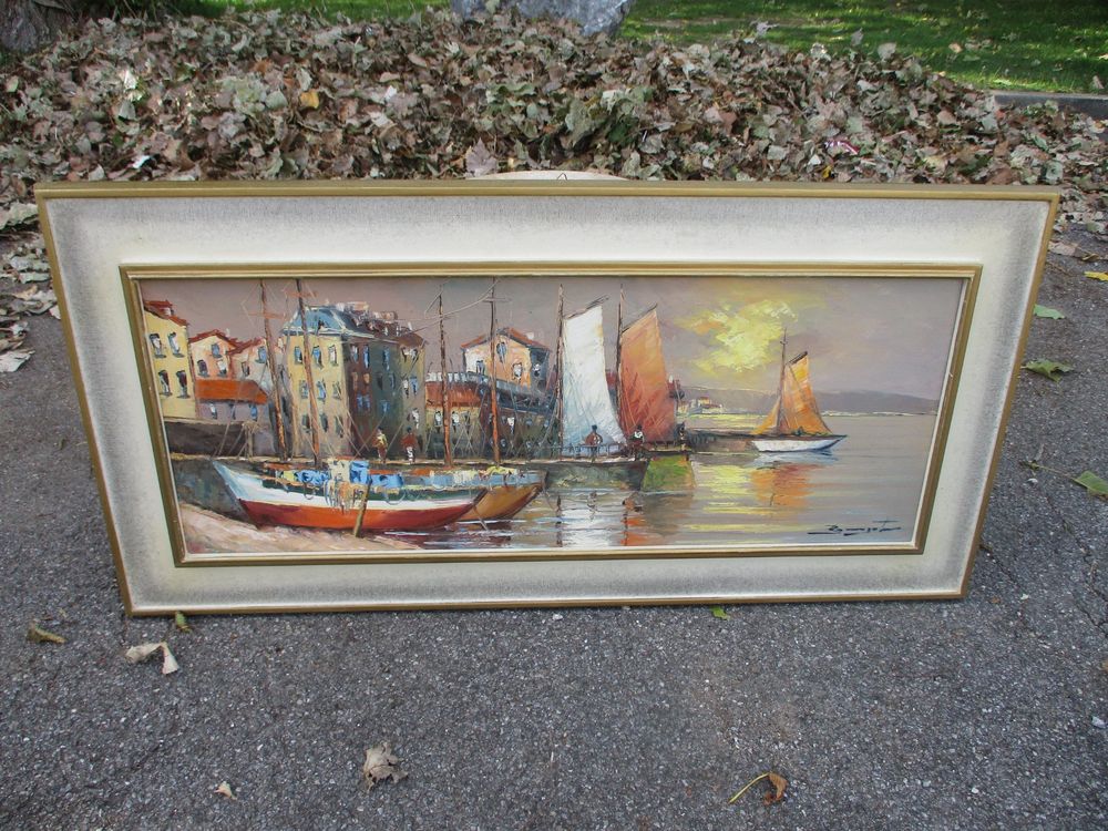 Oelgemälde südliches Hafenstädtchen am Meer auf Leinwand | Kaufen auf Ricardo