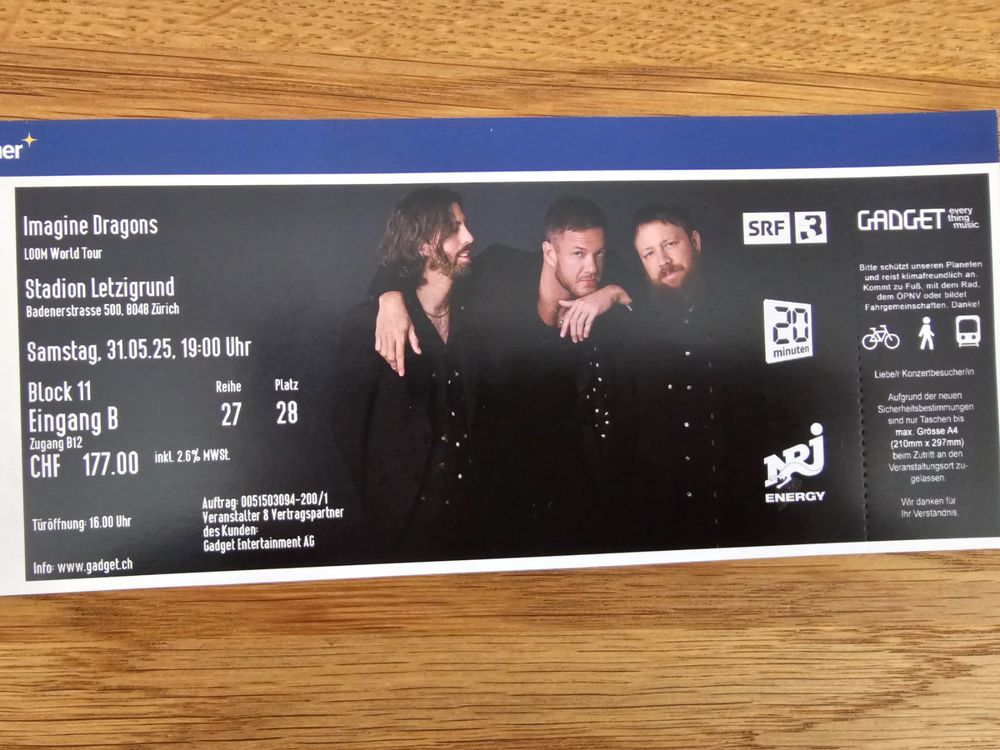 1x Imagine Dragons Ticket / Sitzplatz / 31.05. Zürich (Neu (gemäss ...