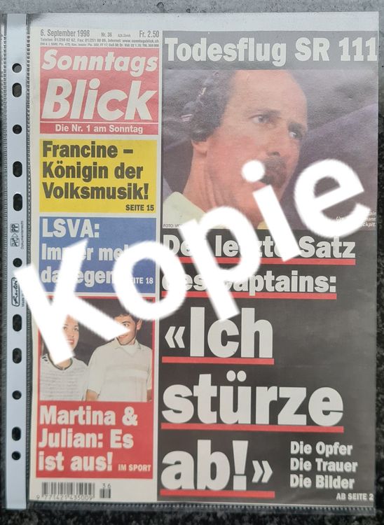 SWISSAIR "SR111" Absturz - Original Blick Zeitung 06.09.1998 (Gebraucht ...