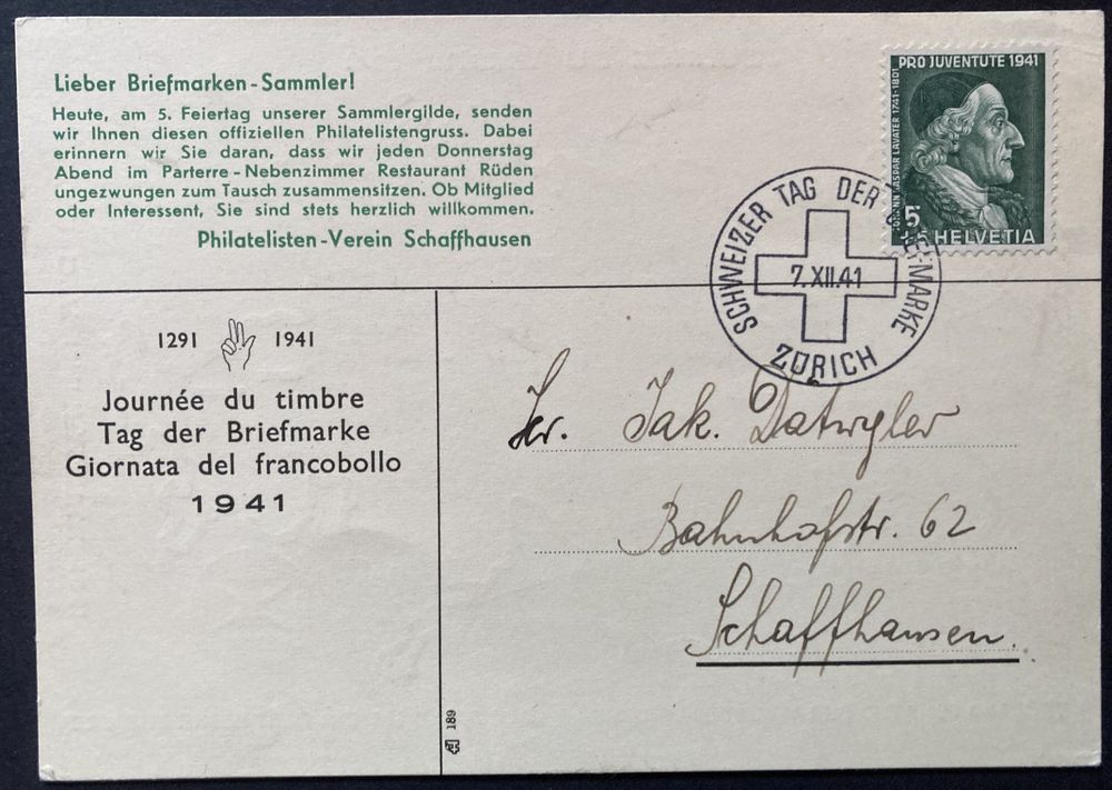 1941, TdB Karte mit grünem Zudruck Schaffhausen, SBK 750 Fr (Gebraucht) in Flawil für CHF 250 ...