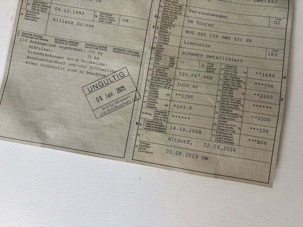 VW Touran 1.4TSI 140PS 7Sitzer B04 (Gebraucht) in Altdorf UR für CHF 2170 – nur Abholung auf ...