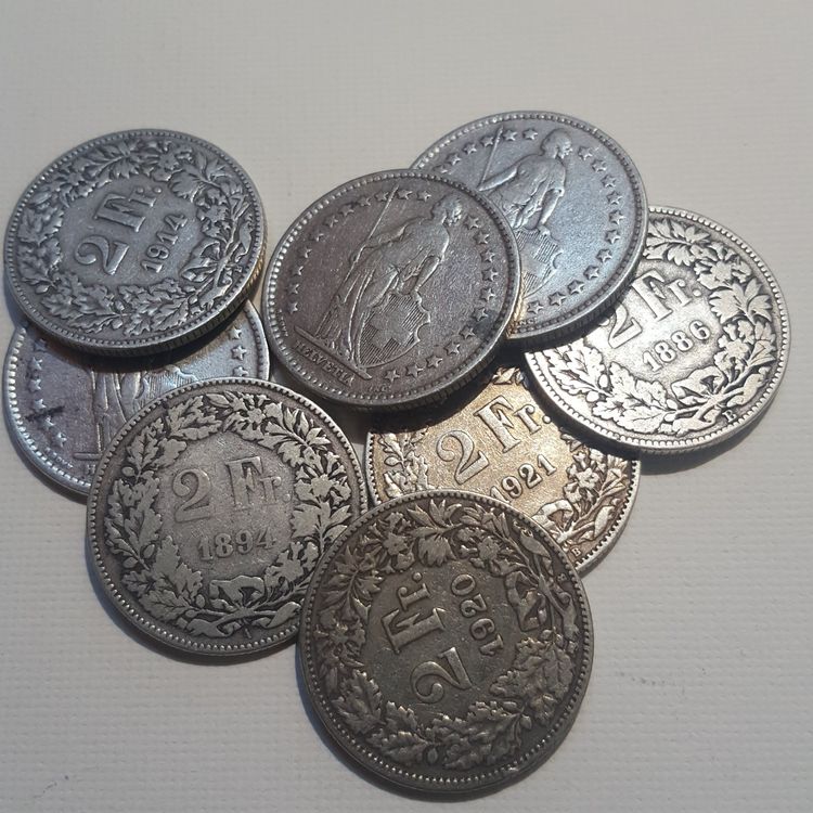 2 Franken ab 1886 - 1922, 80 g. Silber, 8 Münzen (Gebraucht) in Rieden SG für CHF 43 – mit ...
