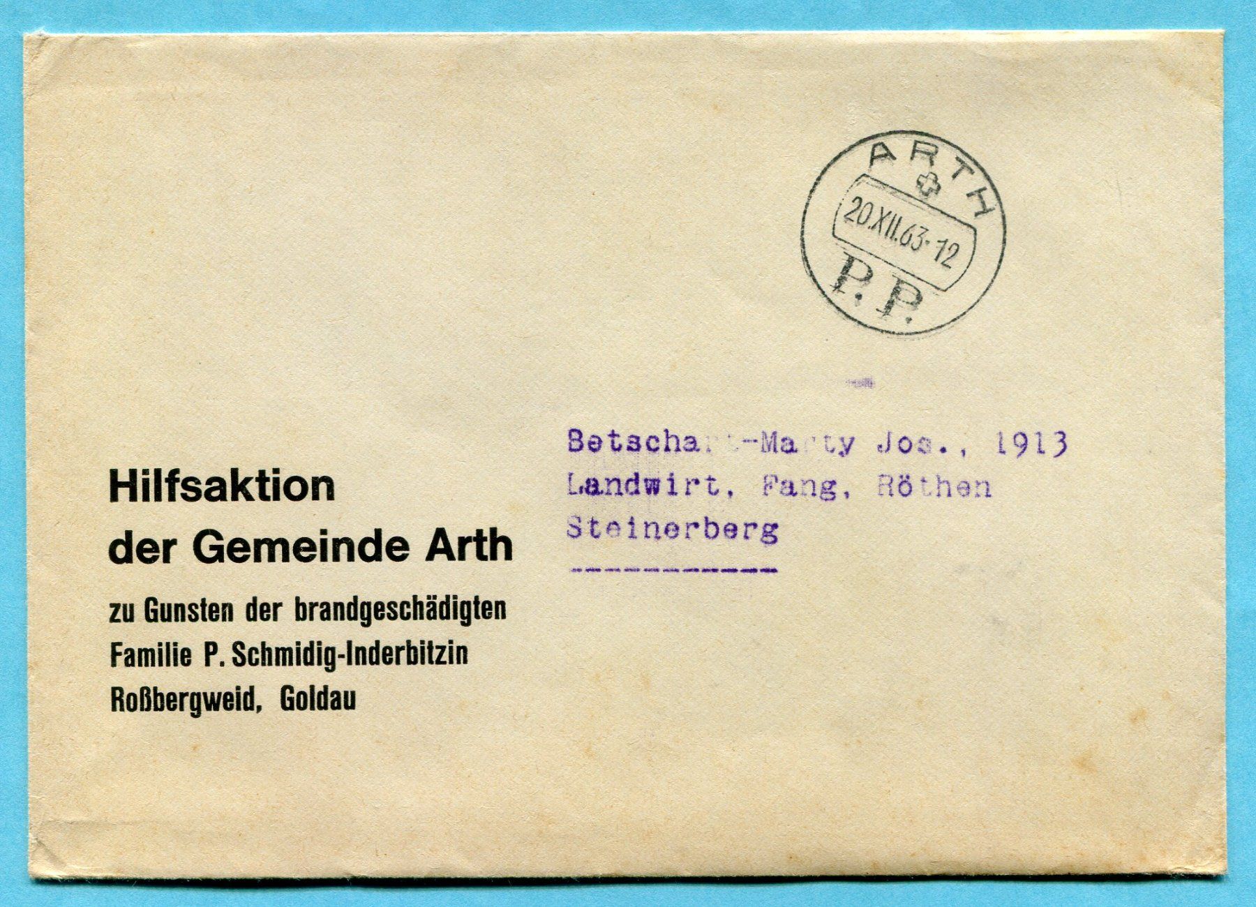 Brief Arth 1963 - Hilfsaktion der Gemeinde Arth mit Inhalt (Gebraucht ...