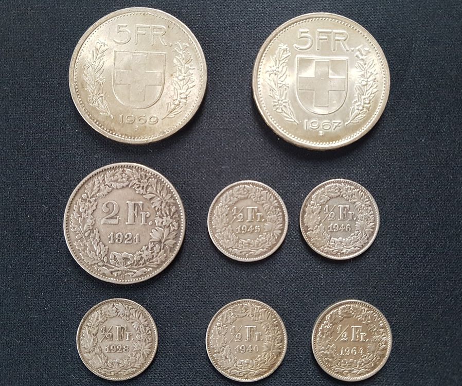 Silber Schweizer Münzen ab 1921 8x Pièces en argent Suisse (Gebraucht ...