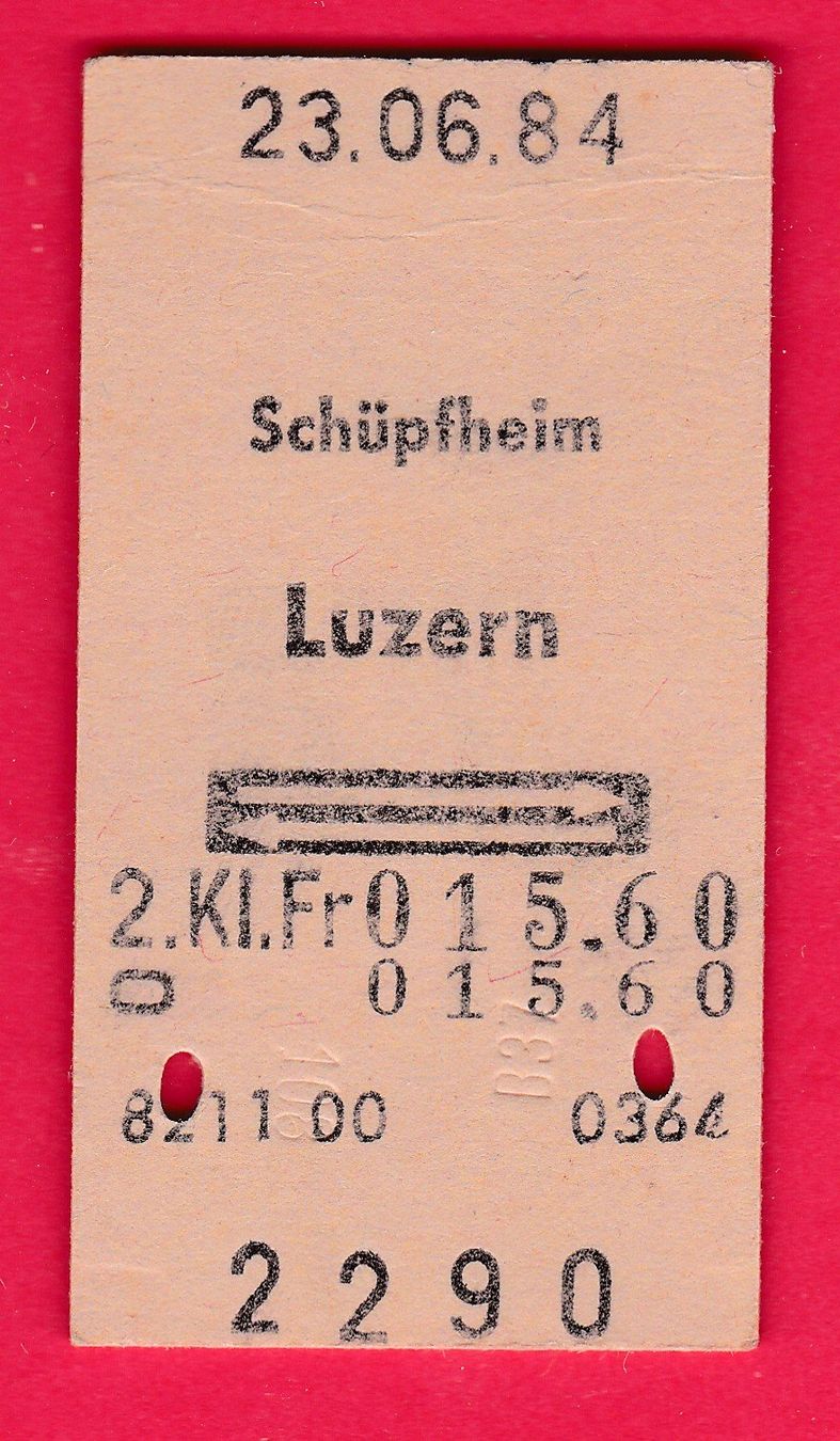 SBB KARTON BILLETT, SCHÜPFHEIM-LUZERN, RETOUR, 2.KLASSE,1984 (Gebraucht) in Oberrieden für CHF 2 ...